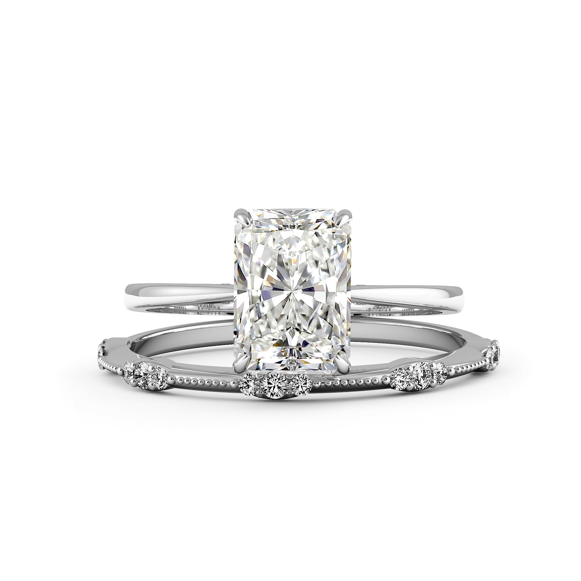 Elongated Radiant Cut Hidden Halo Cathedral Engagement Ring Bridal Set ...