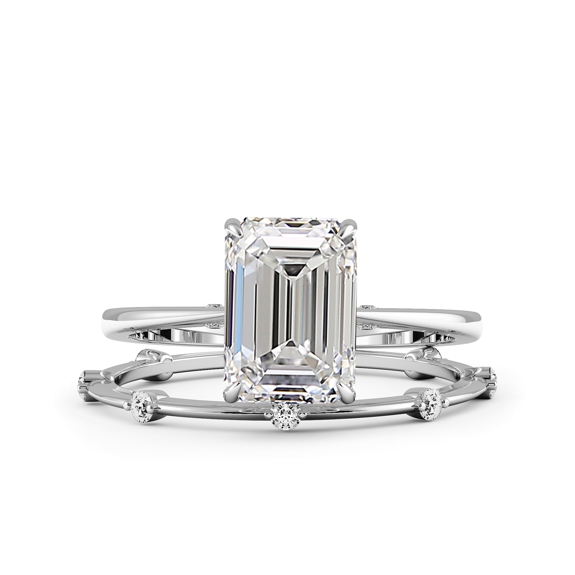Emerald Cut Hidden Halo Cathedral Engagement Ring Bridal Set - 721 ...
