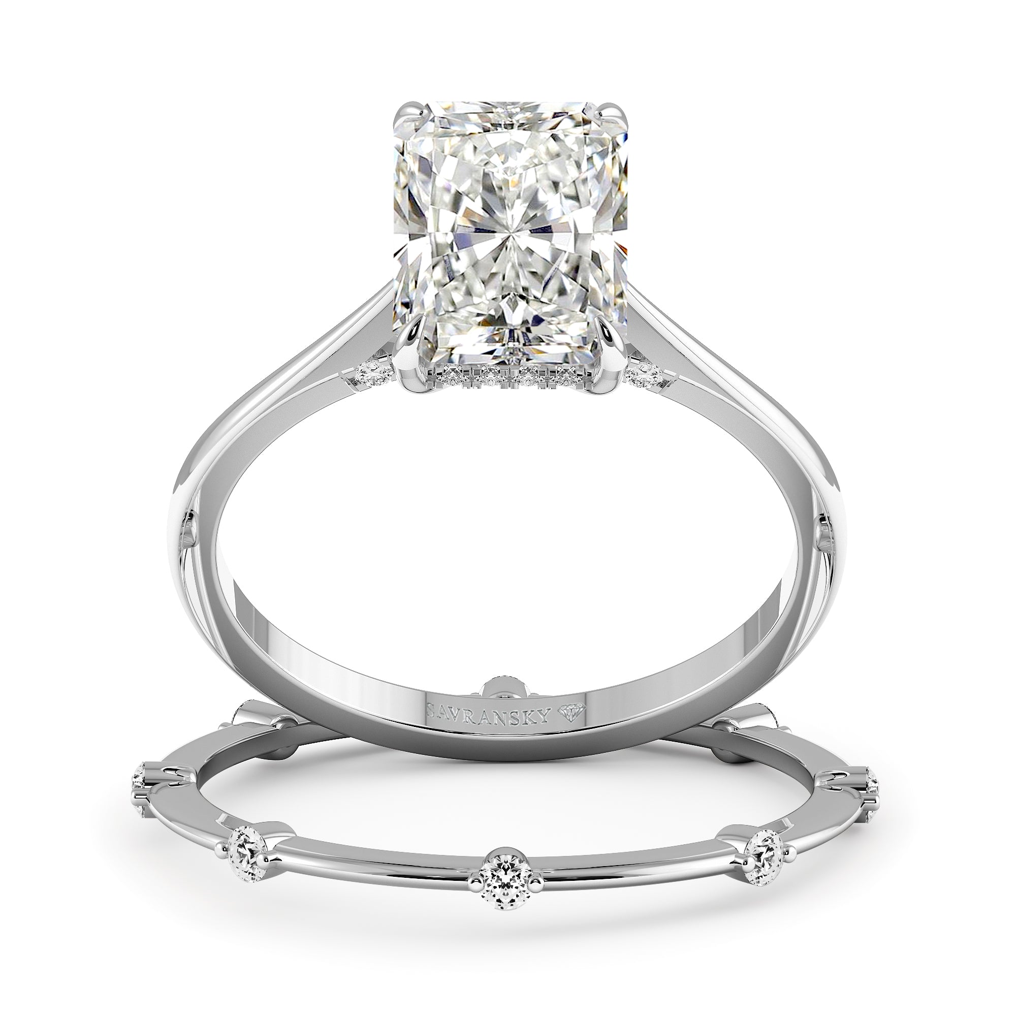 Elongated Radiant Cut Hidden Halo Cathedral Women Wedding Rings Set ...